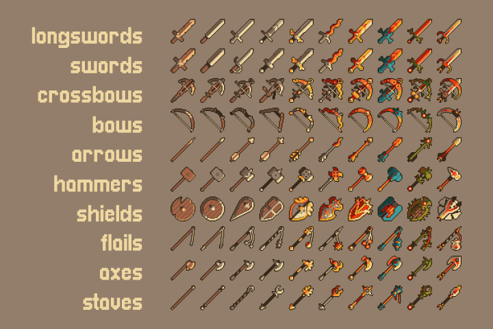 100 Pixel Art Weapon Icons - CraftPix.net