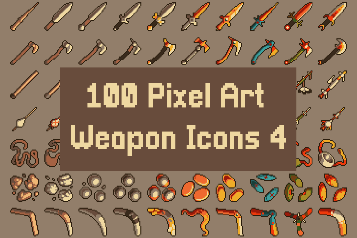 100 Pixel Art Weapon Icons - CraftPix.net