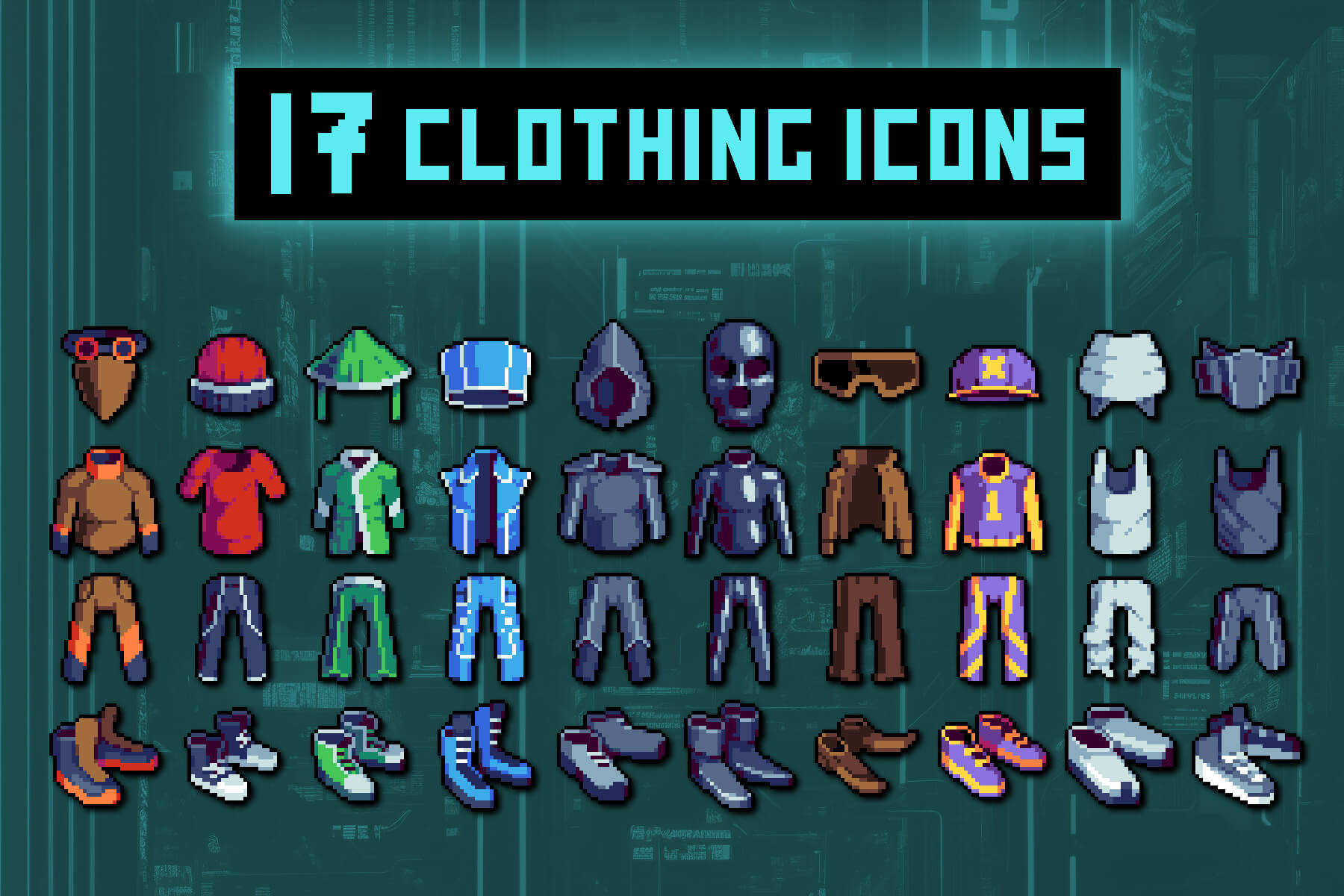 Clothing 32x32 Pixel Art Icons for Cyberpunk - CraftPix.net Clothing 32x32 Pixel Art Icons for Cyberpunk - CraftPix.net