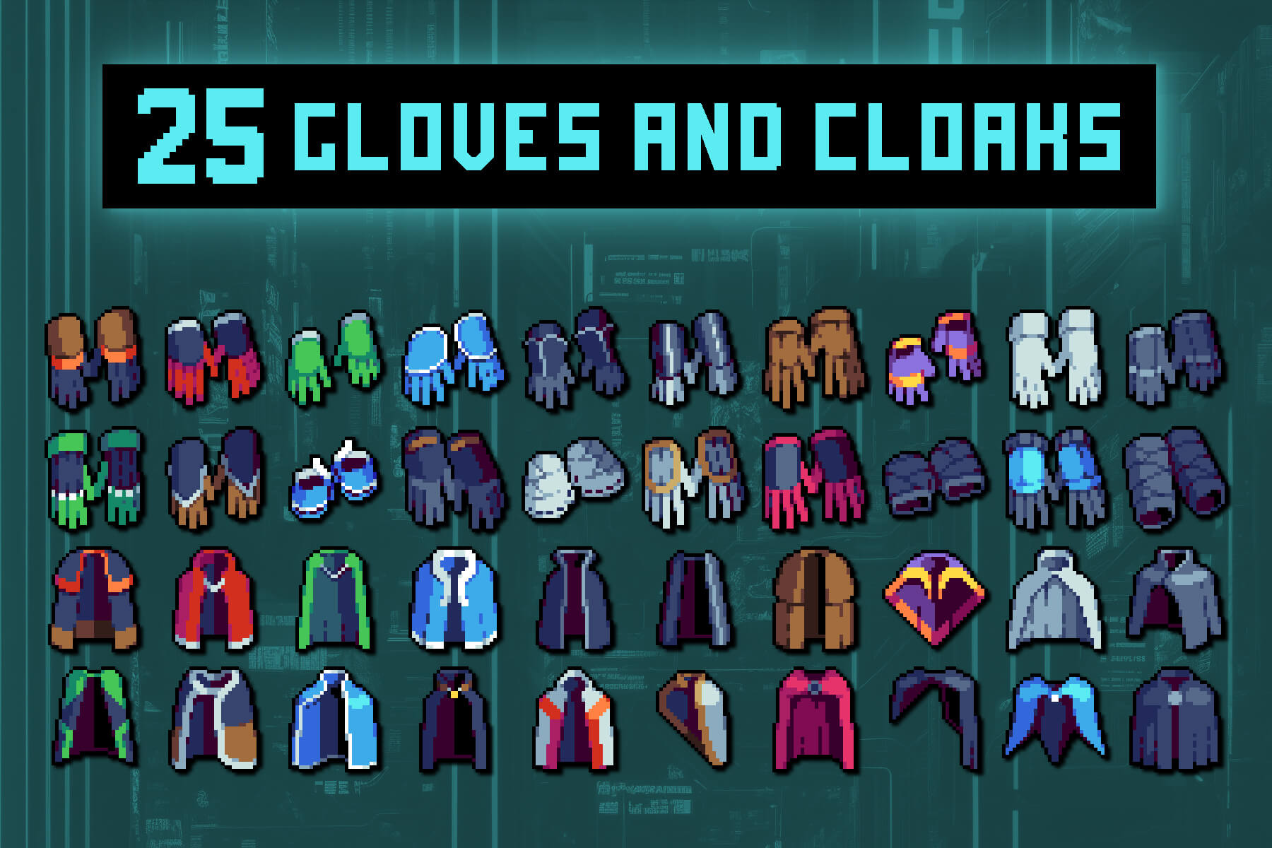The Cyberpunk Gloves and Cloaks Pixel Icon Set - CraftPix.net