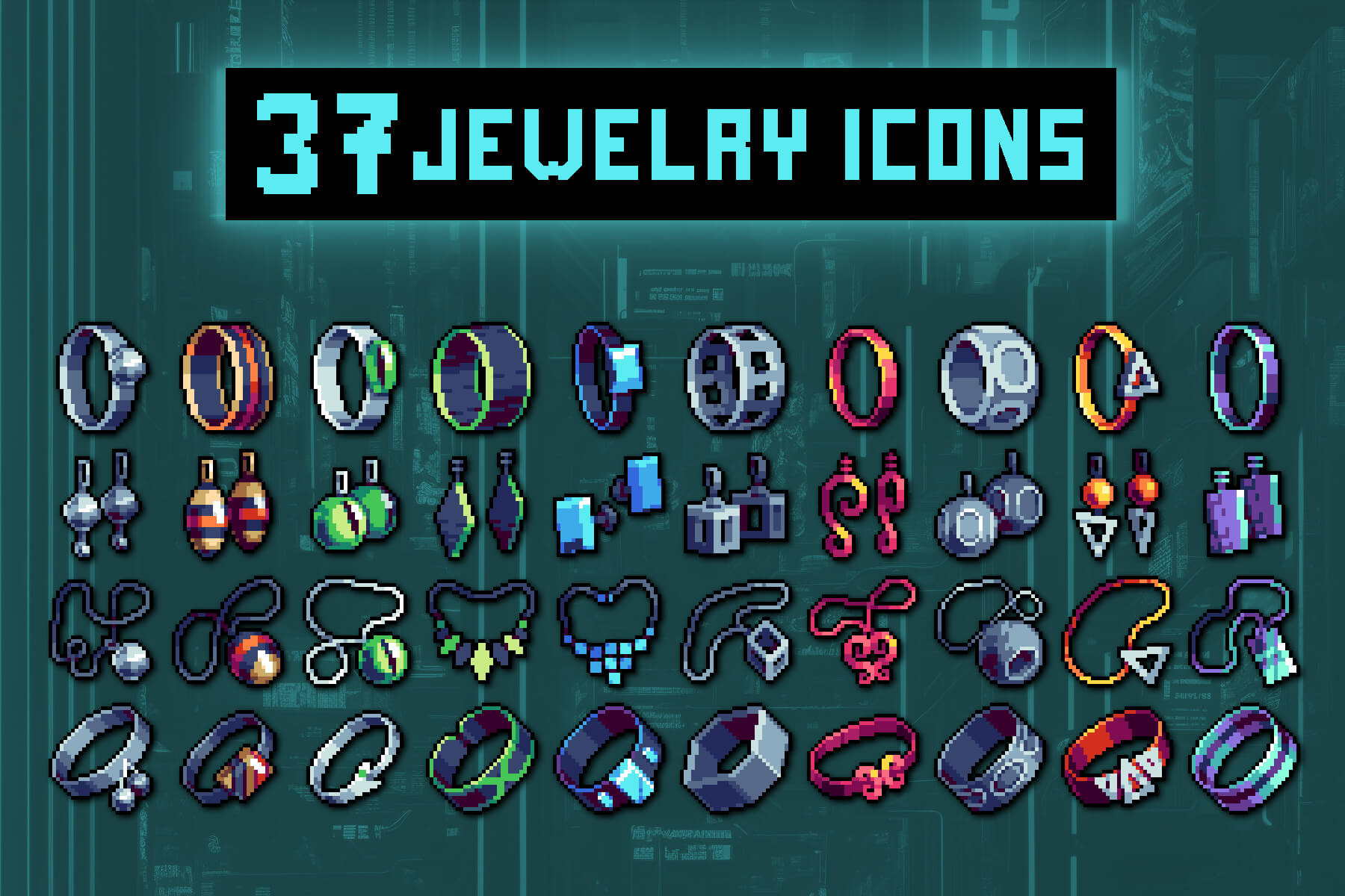 Jewelry 32x32 Pixel Icons for Cyberpunk Game - CraftPix.net Jewelry 32x32 Pixel Icons for Cyberpunk Game - CraftPix.net