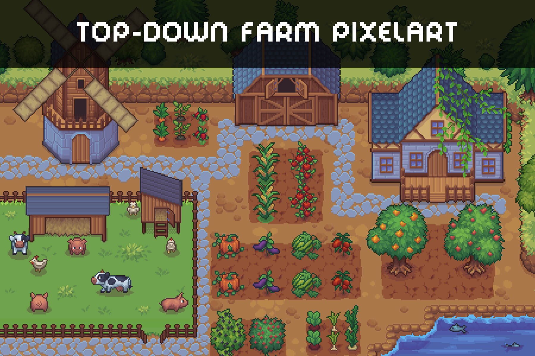 Top-Down Farm with Animals Pixel Art Asset Pack - CraftPix.net