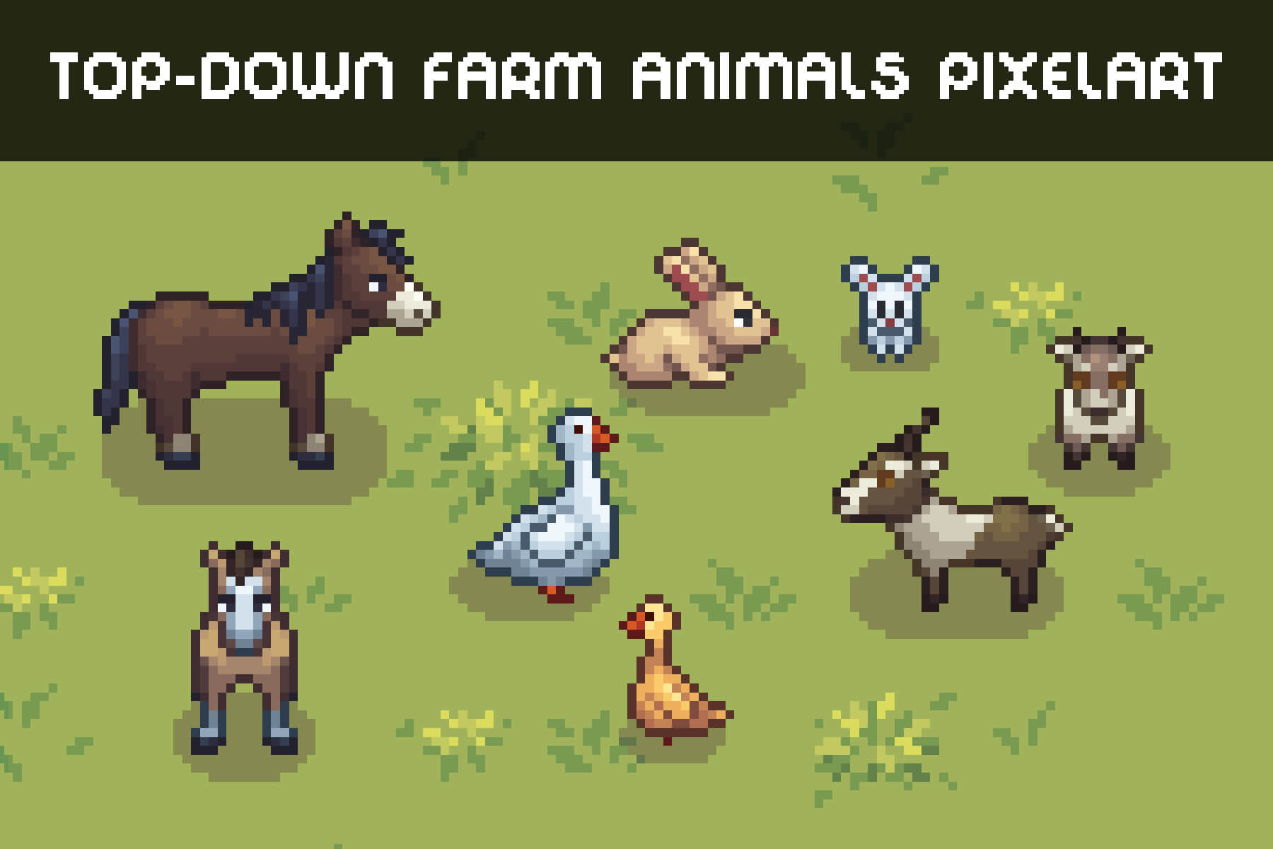 Top-Down Cute Farm Animals Pixel Sprite - CraftPix.net