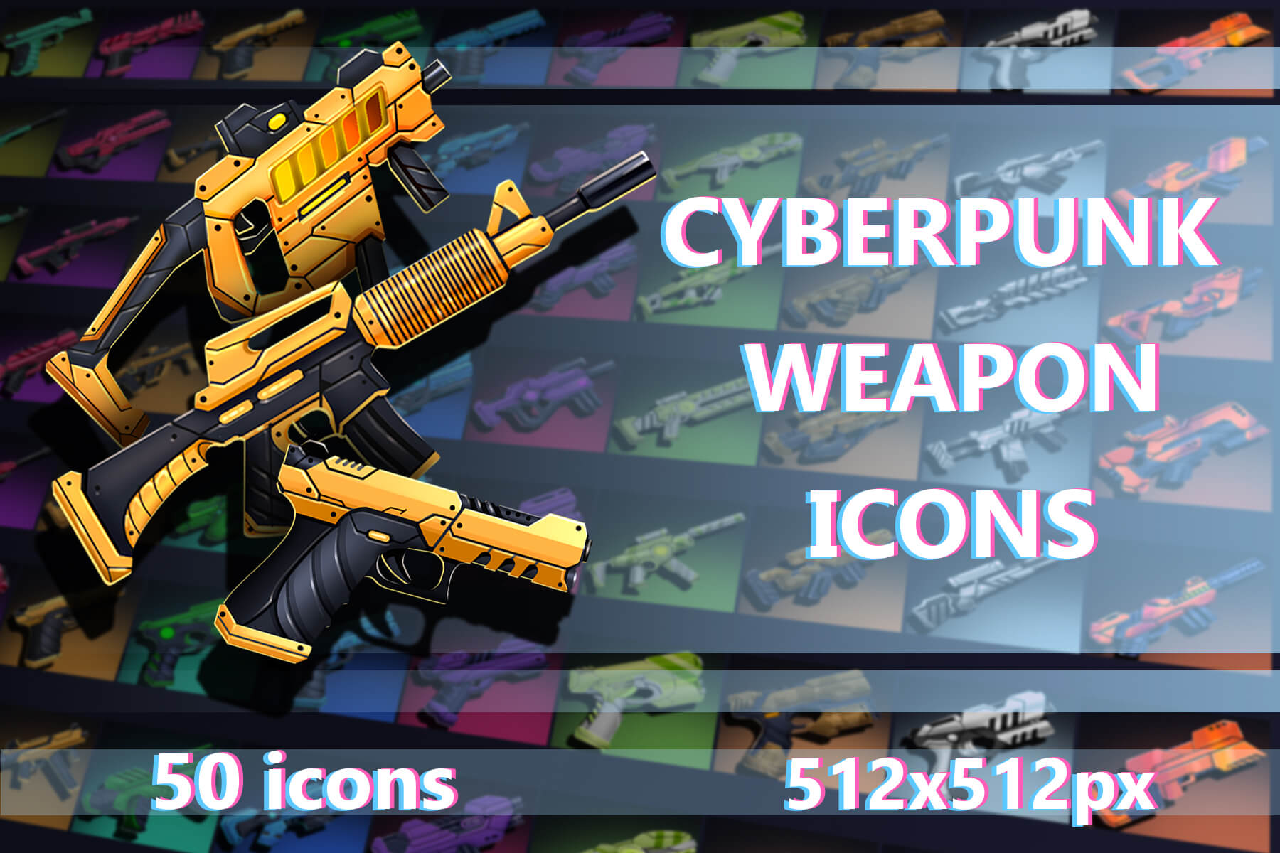 Free Cyberpunk Weapon Icons 50 PNG 512x512 - CraftPix.net