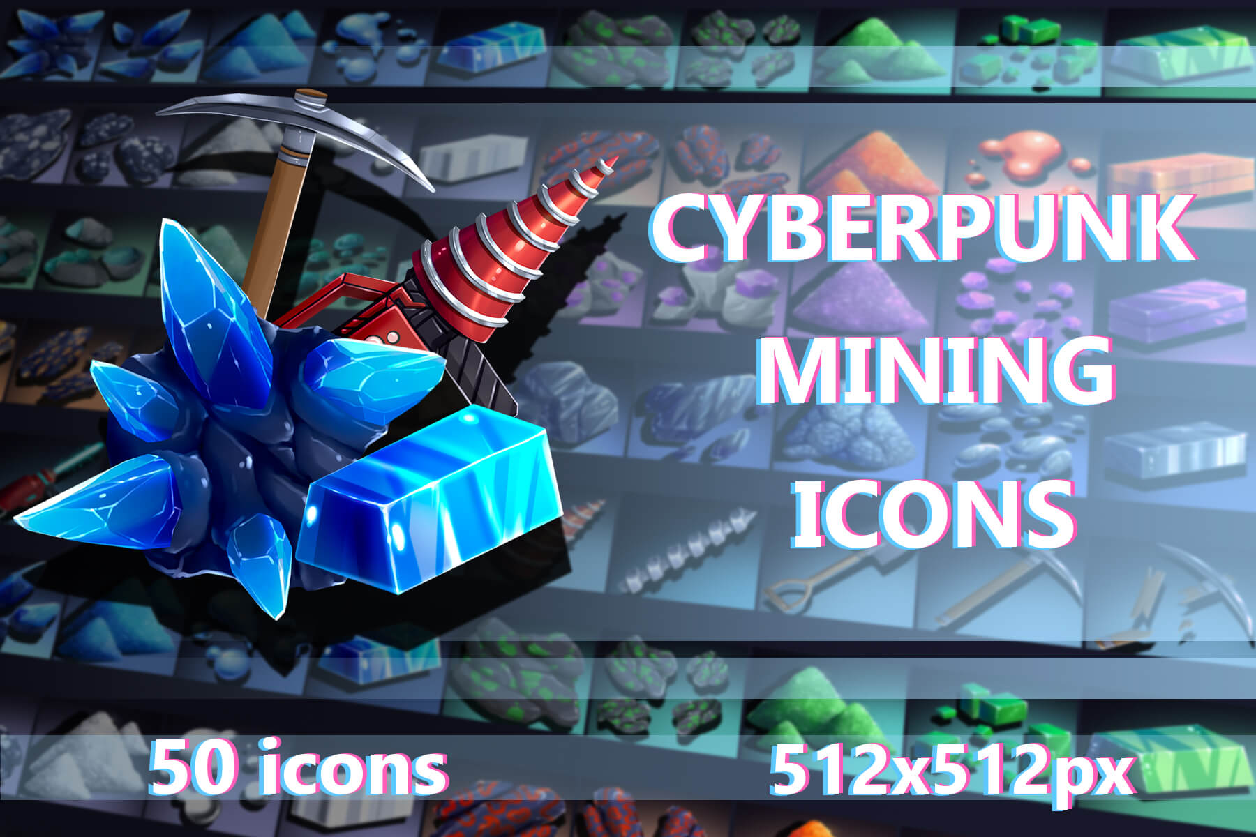 Minerals, Metals and Mining Tools Cyberpunk Icon Pack - CraftPix.net