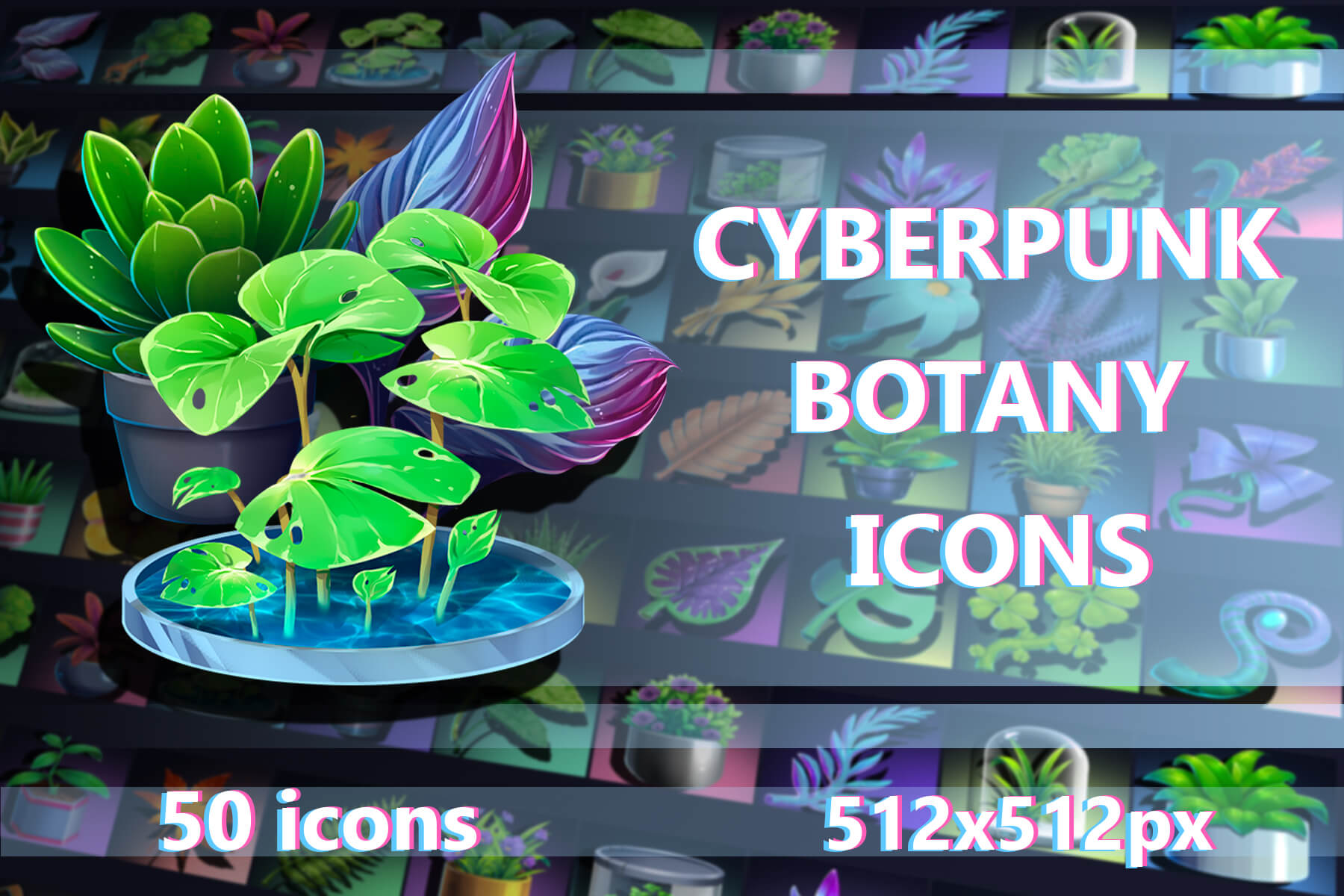 Free 50 Futuristic Plant Icons for Cyberpunk Game - CraftPix.net