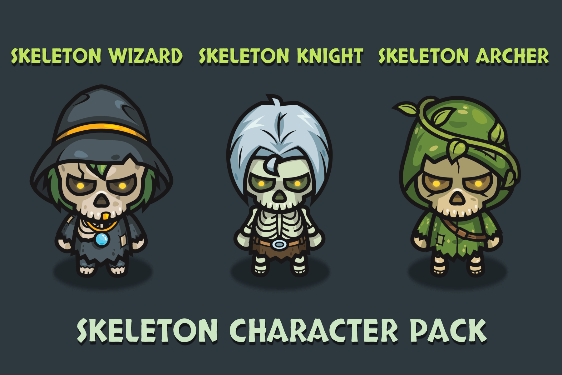 Top-Down Skeleton Characters - Wizard, Knight, Archer - CraftPix.net