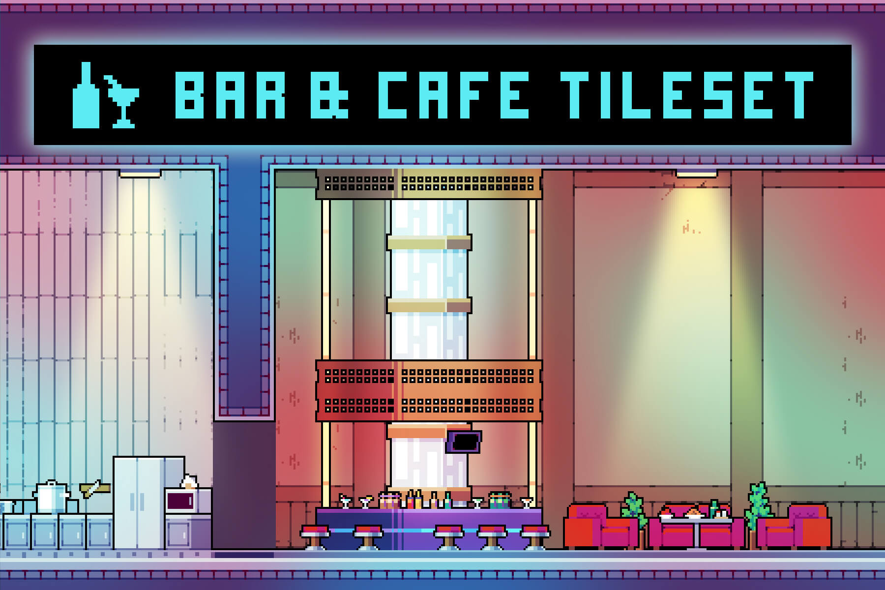 Pixel Art Bar & Cafe Interior Tileset for Cyberpunk - CraftPix.net